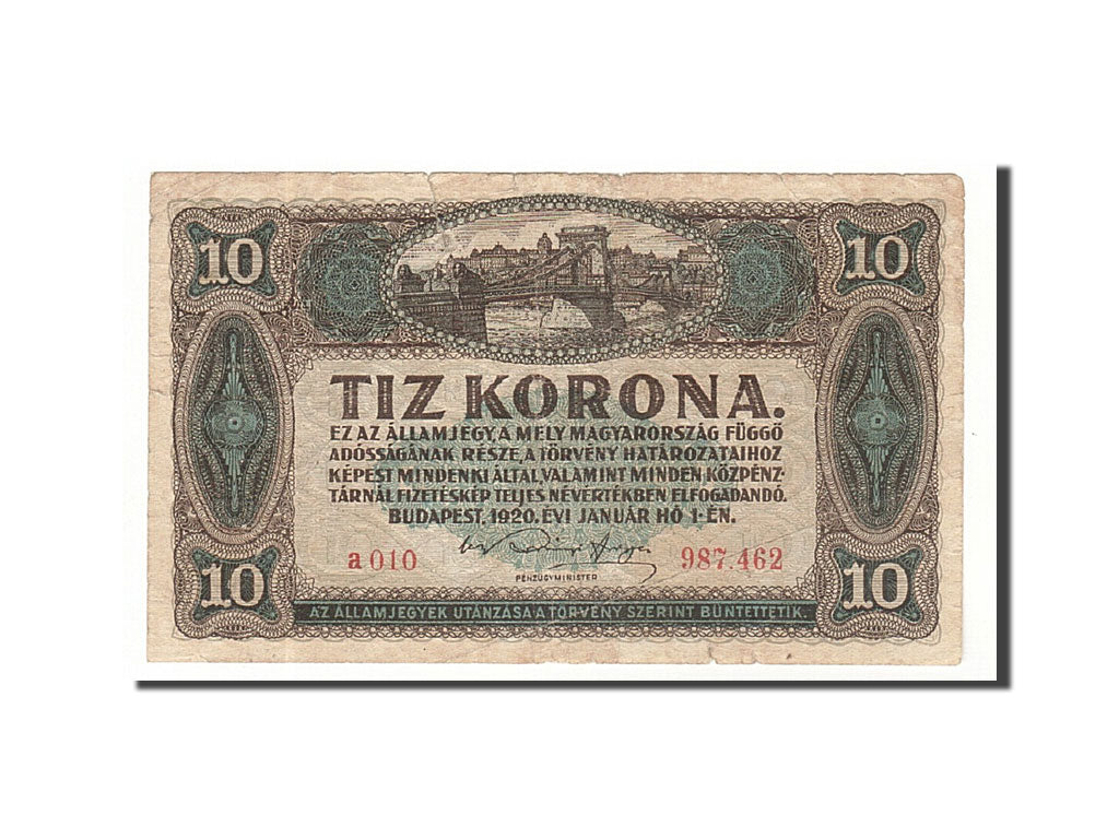 Banknote Hungary 10 Korona 1920 1920-01-01 KM:60 VF(30-35) – Numiscorner.com