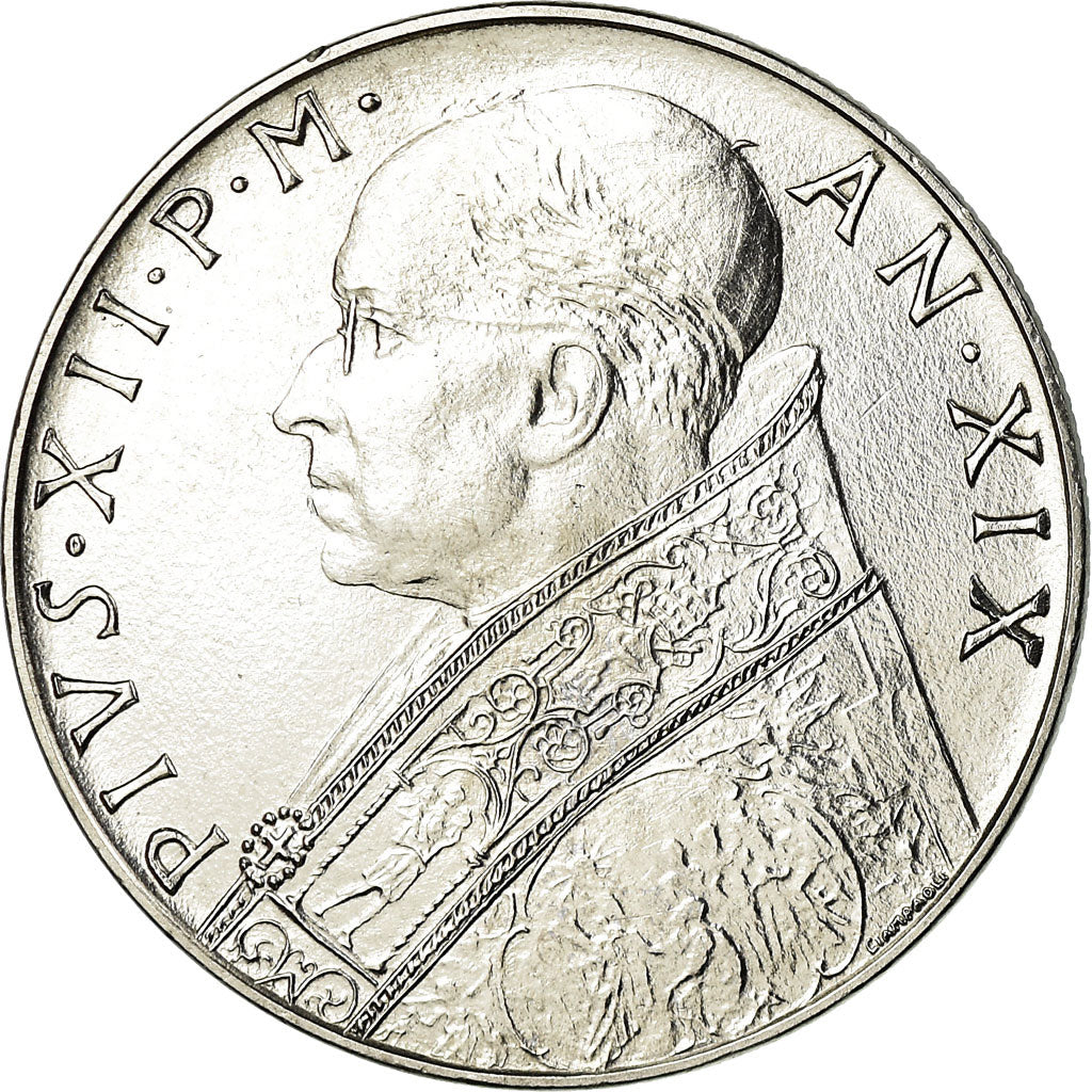 Coin VATICAN CITY Pius XII 100 Lire 1957 MS(63) Stainless Steel KM:55 – Numiscorner.com