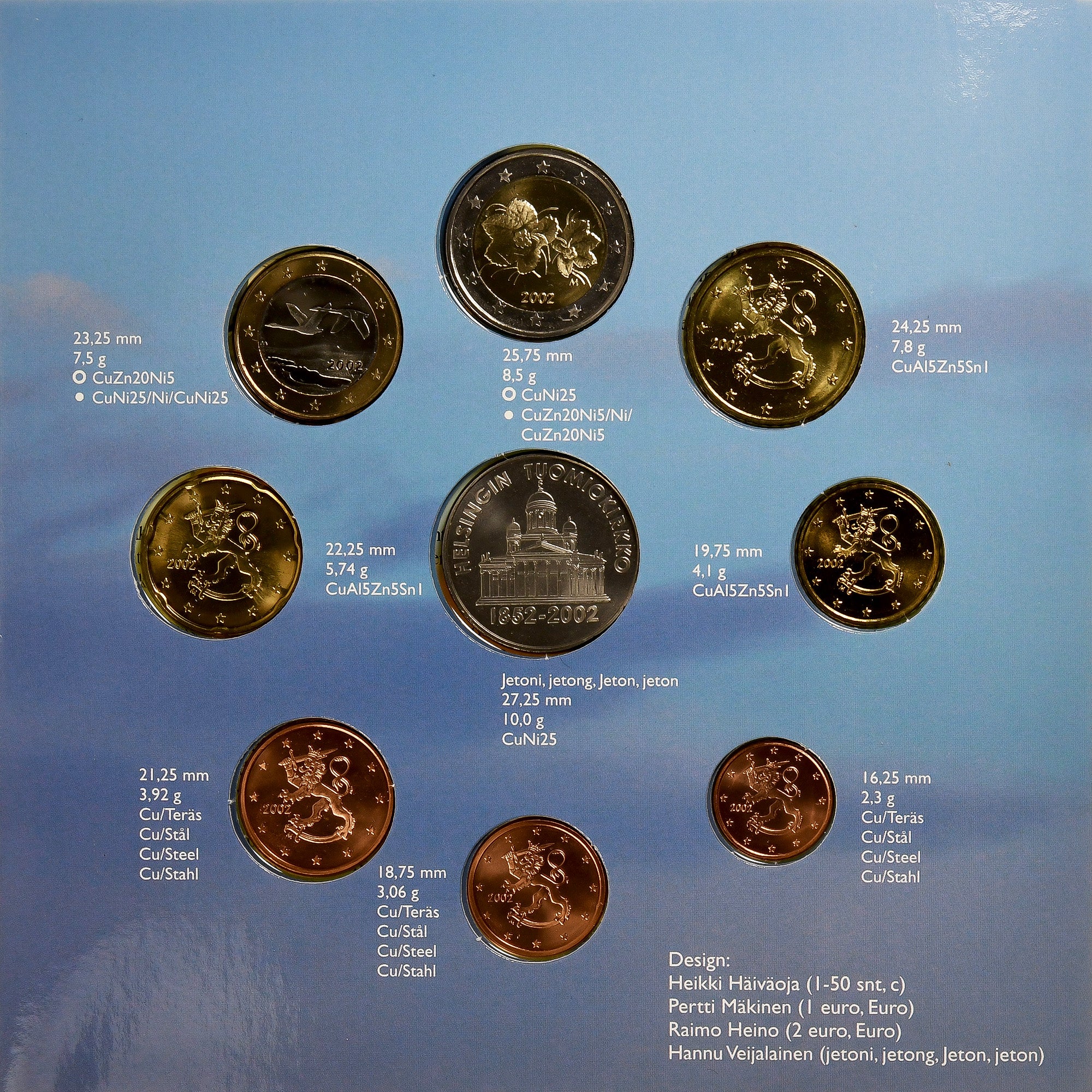 Finland Set 1 ct. - 2 Euro + Token Helsingin Tuomiokirkko 2002 Vantaa ...