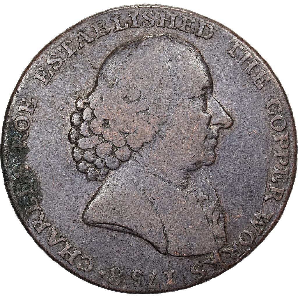 Regno Unito 1/2 Penny Charles Roe Copper Works 1758 Macclesfield Rame ...