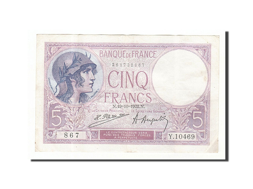 Banknote France 5 Francs 5 F 1917-1940 ''Violet'' 1922 1922-10-19 ...