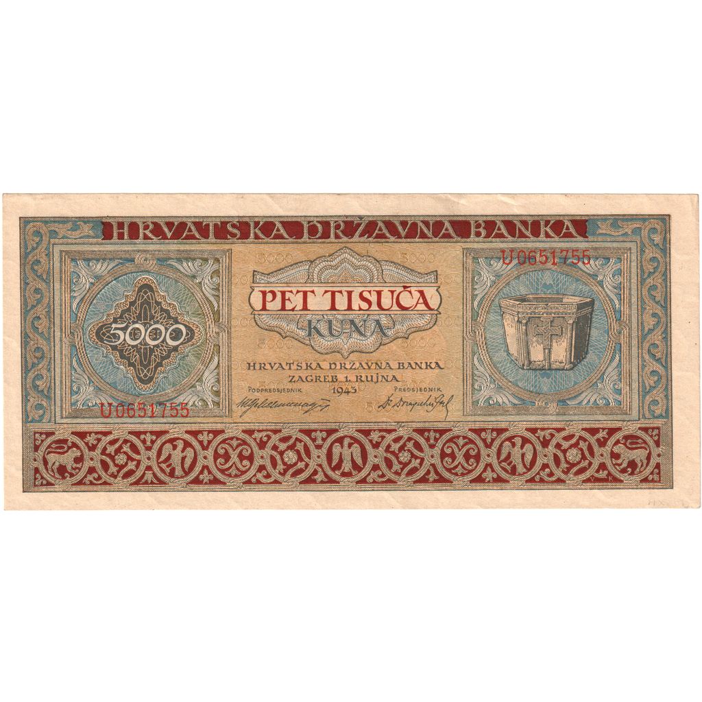 Croatia 5000 Kuna 1943 1943-09-01 KM:13a AU(55-58) – Numiscorner.com
