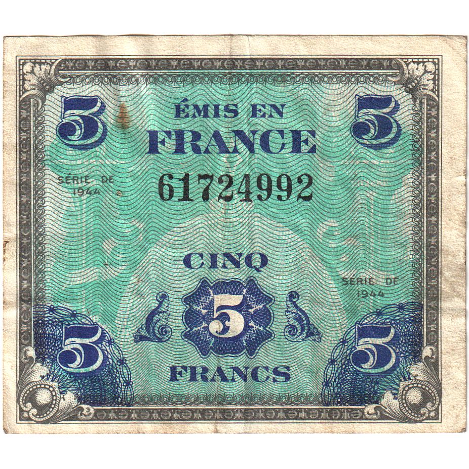 France 5 Francs Flag/France 1944 EF(40-45) Fayette:17.01 KM:115a ...