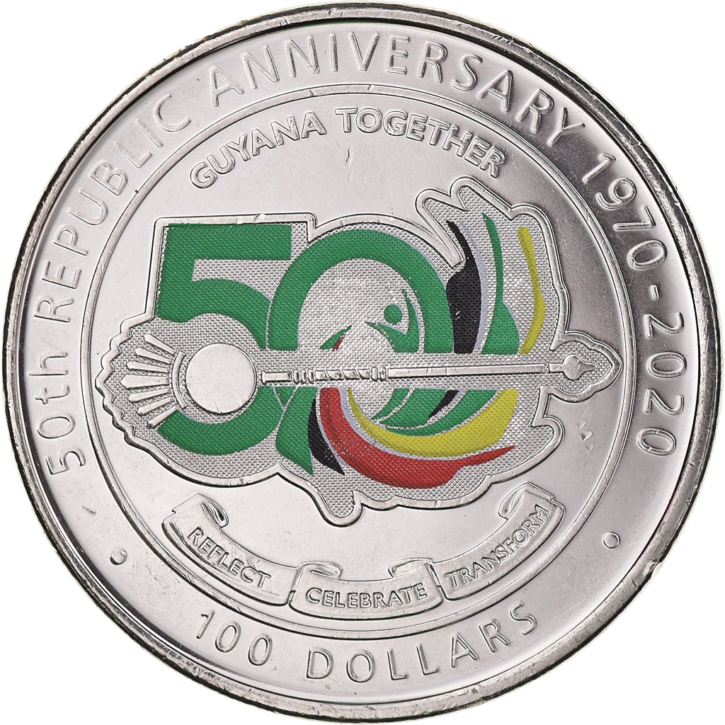 Coin Guyana 100 Dollars 2020 50 ans de la République.colorized. M ...