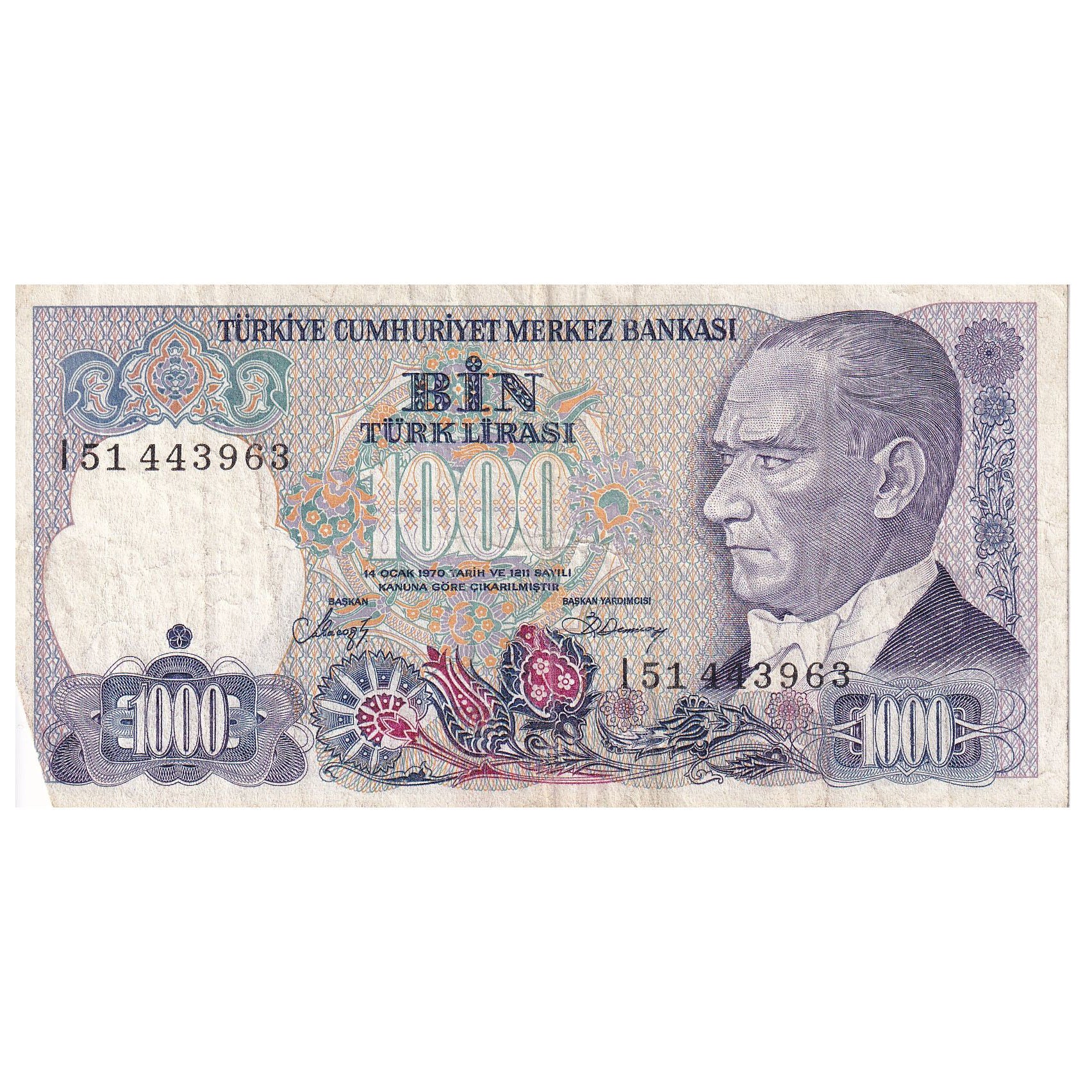 Banknote Turkey 1000 Lira 1970 KM:196 VF(30-35) – Numiscorner.com