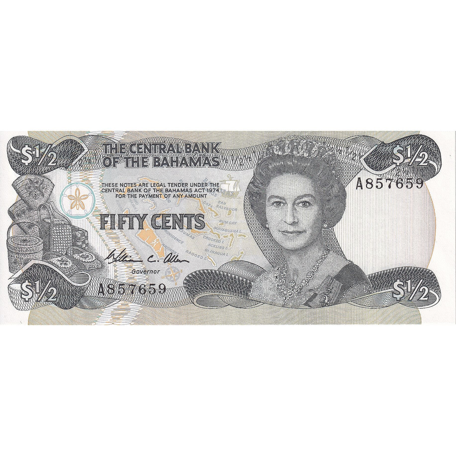 Banknote Bahamas 1/2 Dollar L.1974 (1984) Undated KM:42a UNC(65-70 ...