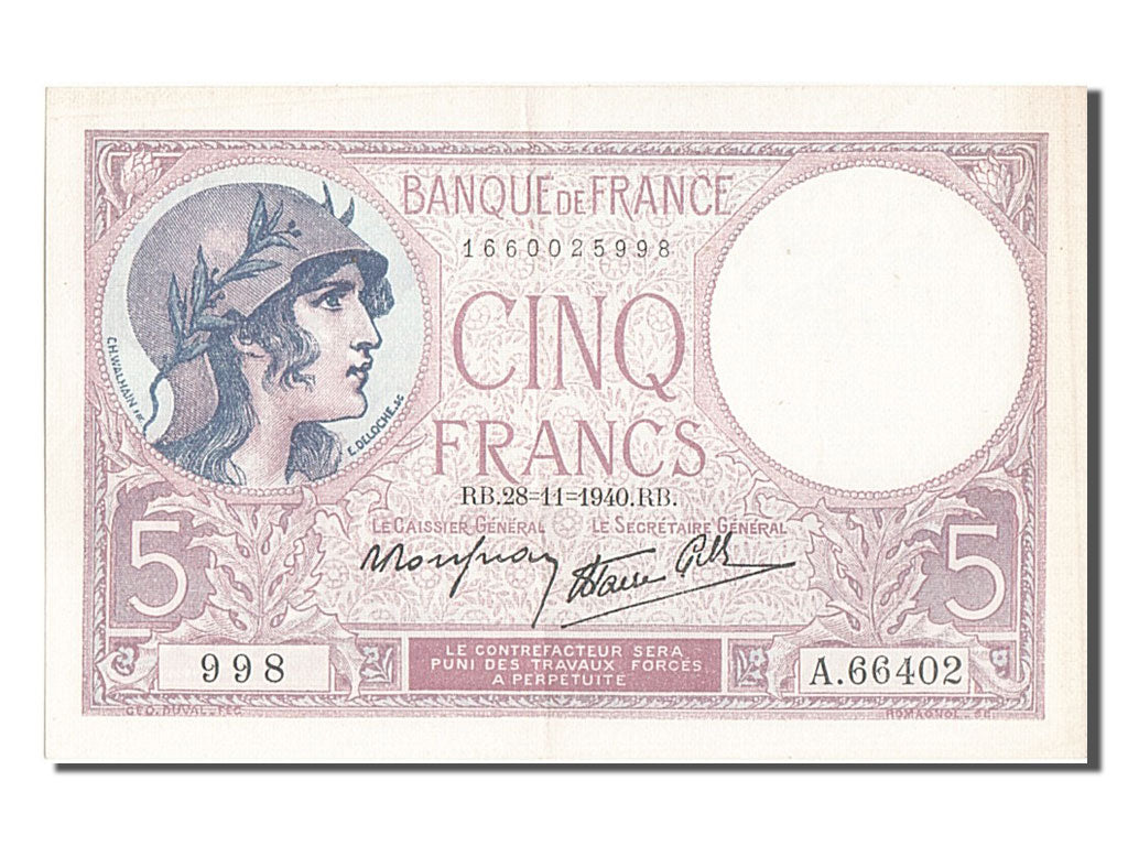 Banknote France 5 Francs 5 F 1917-1940 ''Violet'' 1940 1940-11-28 ...