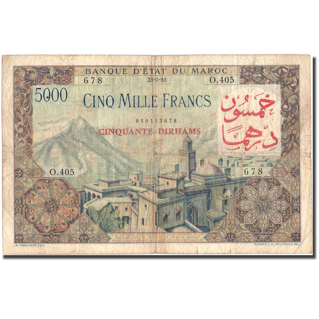 Banknote Morocco 50 Dirhams on 5000 Francs 1953 1953-07-23 KM:51 VF(30 ...