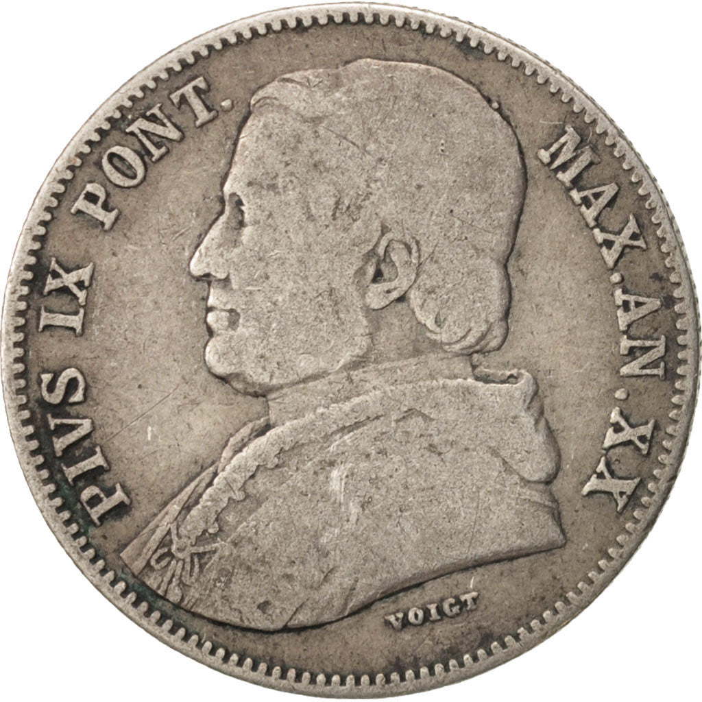 Coin ITALIAN STATES PAPAL STATES Pius IX 20 Baiocchi 1865 Rome VF(20-25 ...