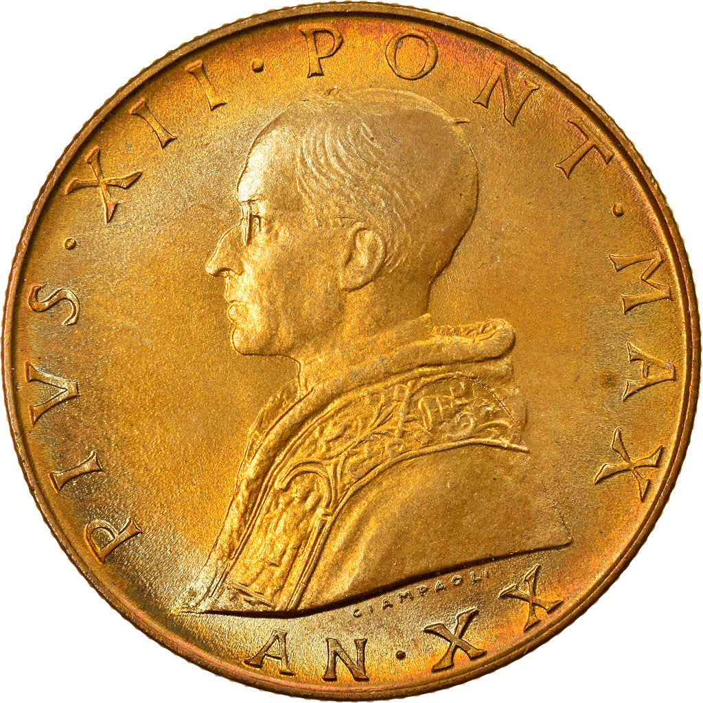 Coin VATICAN CITY Pius XII 20 Lire 1958 Roma MS(65-70) Aluminum-Bronze ...